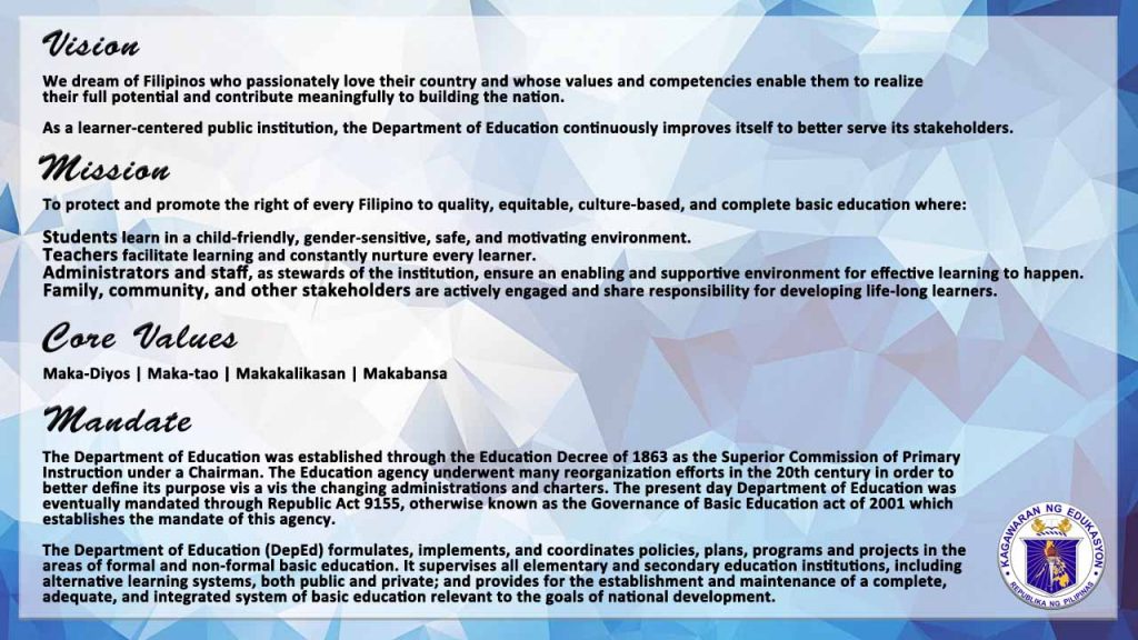 DepEd Vision Mission Core Values Mandate | Navotas NHS